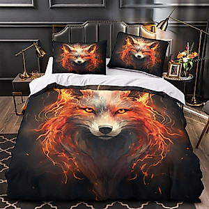 Fox Comforter Covers Quilt Cover 3D Print Fire Duvet Cover for Teens and Adults with Zipper Closure Bedding Set Soft Microfiber with Pillow Cases 2 Pieces Twin（173x218cm）