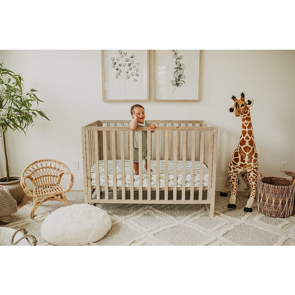 NODNAL CO. 3 Fitted Crib Sheets Leafy Set - 100% OEKO-TEX Cotton Baby Girl/Boy Nursery Bedding - Gender Neutral Leaves, Greenery, Floral Eucalyptus Standard Baby Toddler Crib Mattress 28”x52”x9” Sheet