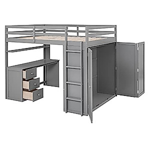 Merax Loft Bed Full Size Adult, Wooden Frame with Desk and Wardrobe, Storage Design with Drawers & Shelf, for Teen Girls & Boys(Grey)