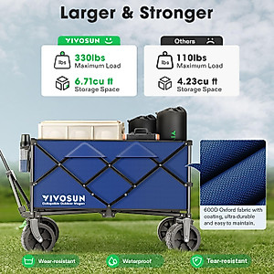 VIVOSUN Collapsible Folding Wagon, Outdoor Utility with Silent All-Terrain Beach Wheels, Adjustable Handle, Cup Holders & Side Pockets, for Camping, Beach, Shopping, Garden, Sports, Picnic, Blue