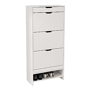 Modern Freestanding White Shoe Storage, with 3 Tier Tipping Bucket Shoe Storage Cabinet and 1 Drawers 2 Tier Open shoe cabinet,Wood 3-Tier Shoe Rack Storage Organizer for Entryway,Hallway & Bedroom