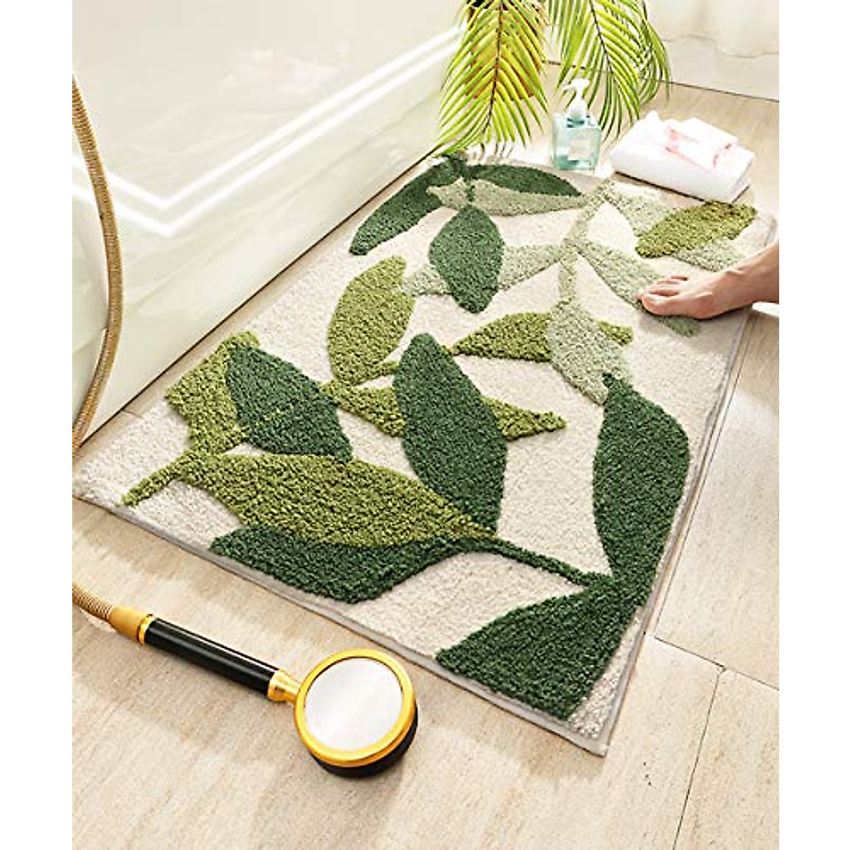ZGXL Green Leaves Bath Mats Bathroom Rugs Non-Slip Soft Microfiber Absorbent Machine Washable Entrance Doormat for Bathroom Floor Tub Shower 17.5 X 25.5 Inches