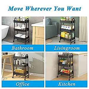 Wisdom Star 3 Tier Utility Rolling Cart, Heavy-Duty Mesh Storage Cart with Locking Wheels, Metal Mobile Trolley Cart for Home, Kitchen, Bathroom, Office，Black