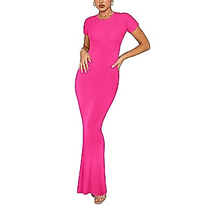 REORIA Women's Summer Sexy Casual Lounge Long Dress Elegant Wedding Guest Short Sleeve Crew Neck Bodycon Maxi Dresses Rose Red Medium