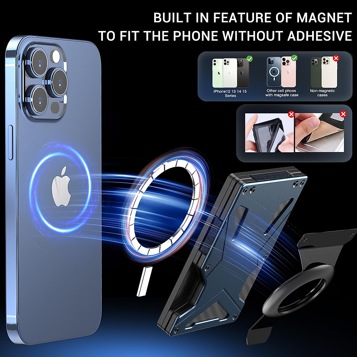 KLVEOL Mag Safe Wallet Money Clip, The First Patent Card Holders 2 in 1 Air Tag Holder and Money Clip, Magnetic Adhesive Wallet for iPhone Series of 15/14/13/12 Pro/ProMax and Magsafe Devise, Blue