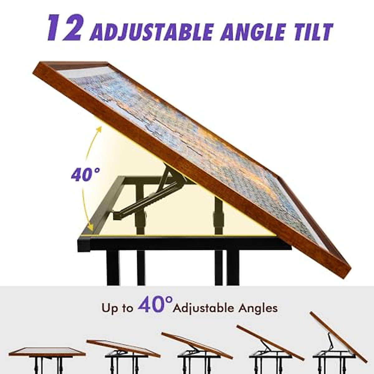 Sunix 1500 Pieces Jigsaw Puzzle Table with Legs, 36"x26" Adjustable Height Puzzle Board with Cover & 6 Sorter Tray, 12-Tilting-Angle Portable Wooden Puzzle Table for Adults
