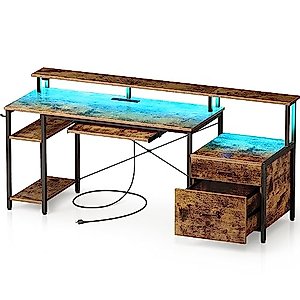Rolanstar Computer Desk 65" with File Drawer, Gaming Desk with LED Light & Power Outlets, Home Office Desk with File Cabinet & Storage Shelves, with Monitor Stand & Keyboard Tray, Rustic Brown