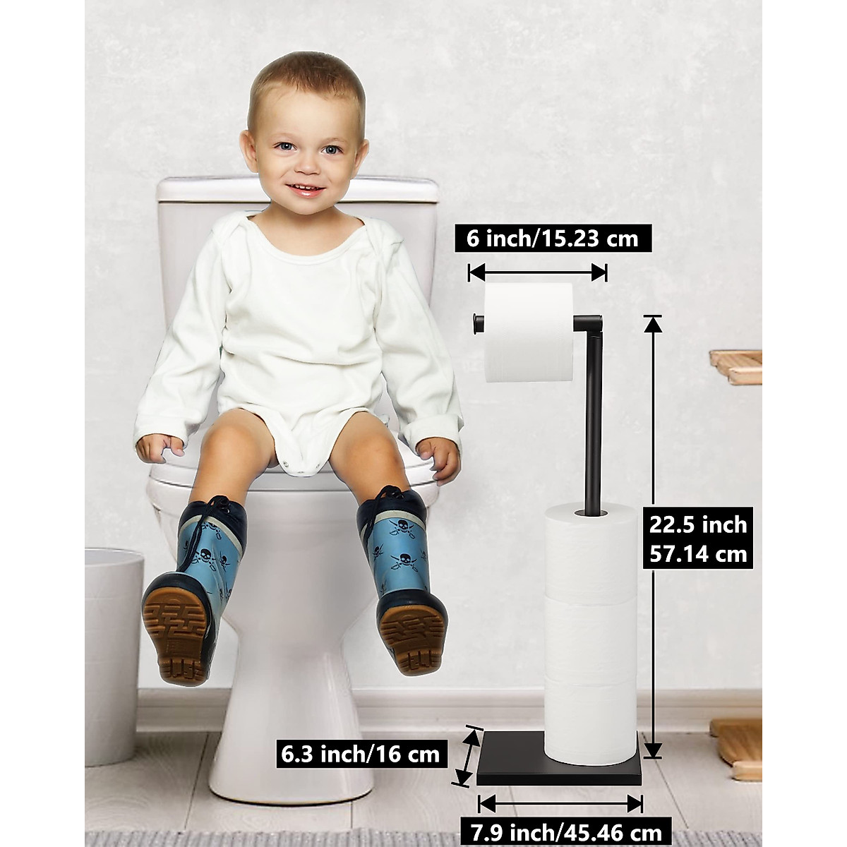 Free Standing Bathroom Toilet Paper Holder Stand with Reserve, Stainless Steel Pedestal Tissue Roll Holder, Black DECLUTTR