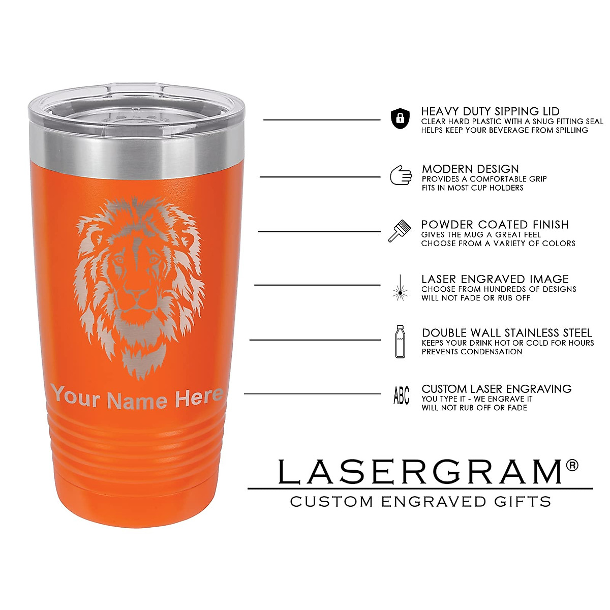 LaserGram 20oz Vacuum Insulated Tumbler Mug, Cow, Personalized Engraving Included (Orange)