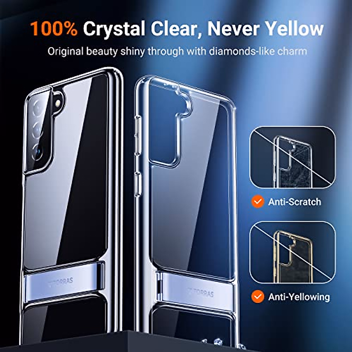 TORRAS MoonClimber Galaxy S22 Case 6.1", 6X Shockproof, 3-Way Stand, Slim Hard Kickstand, Clear