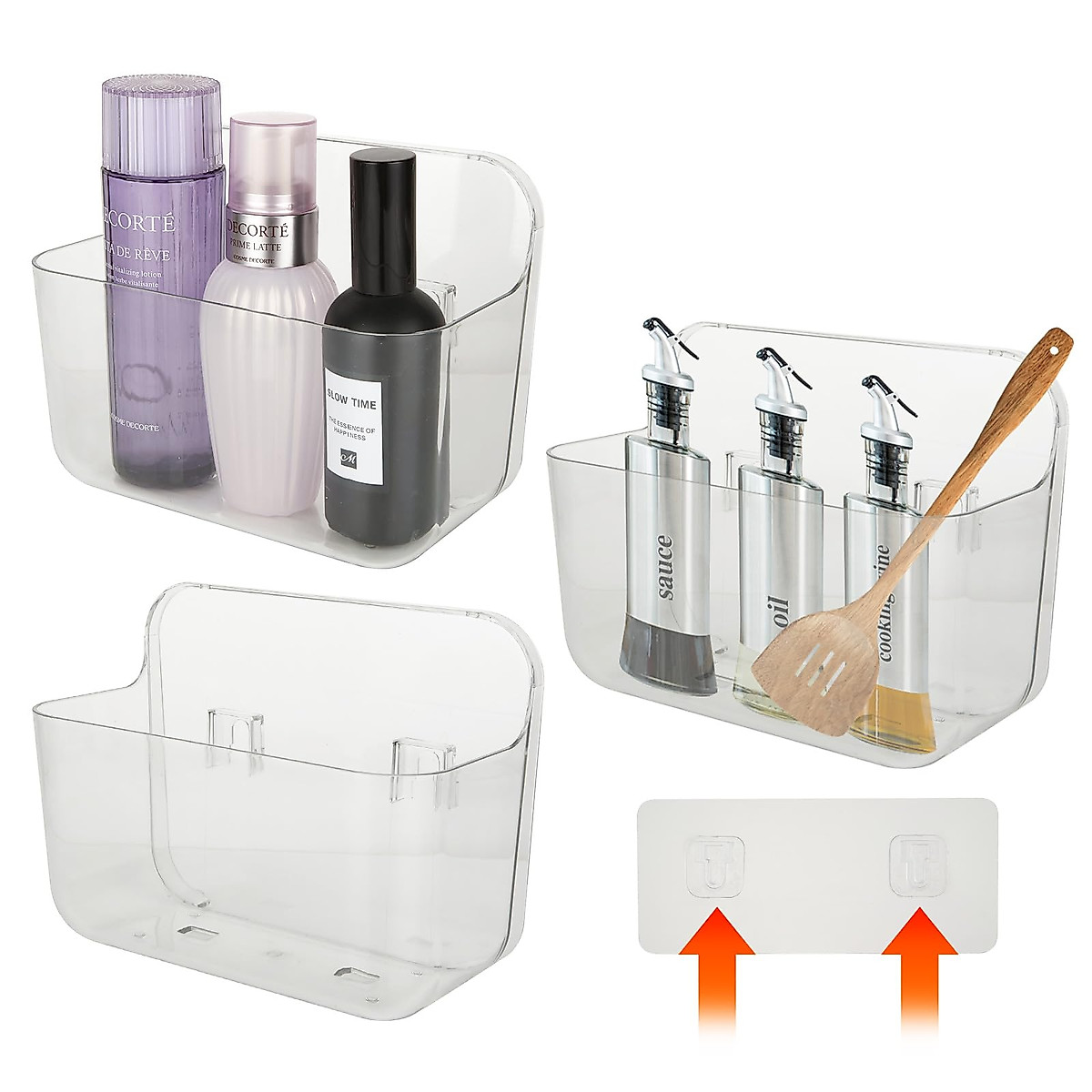 CertBuy 3 Pack Plastic Wall Mount Organizer 7" x 5.5" x 3.7" Adhesive Clear Storage Organize Without Drilling with Self Adhesive Tape Shower Organizer Clear for Bathroom Laundry Kitchen