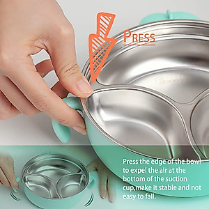 qianliyer Stainless Steel Kid Bowls Stainless Steel Suction Plates for Baby Divided Toddler Plates With Suction, Lid and Baby Bibs(Green)