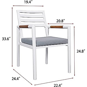 JP Outdoor Patio Dining Chair Set of 6, White Stackable Cast Aluminum Armchair with Grey Cushion, for Indoor Living Room or Outdoor Lawn, Garden, Courtyard, Bistro