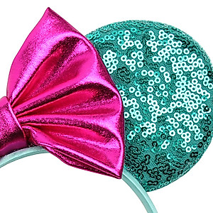 YanJie Mouse Ears Headbands, Glitter Party Mermaid Hot Pink Metallic Bow Favor Decoration Cosplay Costume for Girls Party (Green/Hot Pink)