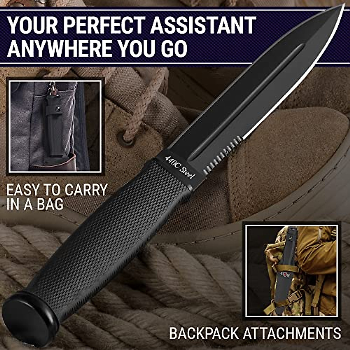 Knife for Men with Sheath - Black Tactical Knives - Cool Hunting Knofe Fixed Blade Knife with Serrated Blade - Best EDC Survival Camping Hiking Military Tool Sharp Belt Boot Knives Gift for Men 2503