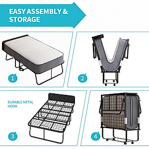 CECER Twin Size Rollaway Bed with 5 Inch Foam Mattress, 75" x 38" Folding Bed, Space-Saving Guest Bed with Headboard, Portable Foldable Bed for Adults with Sturdy Metal Frame and Dust Cover
