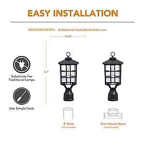 Kemeco ST4324Q-B Solar Post Light Squared Frame Exterior Waterproof Led Fixture for Outdoor Garden Street Post Pole Yard Driveway Walkway Entryways (Top Ring)