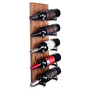 Rustic State Alicante Wall Mounted Reclaimed Wood Vertical Wine Rack Holder Shelf Organizer with Railroad Spike Cast Iron Hooks for 5 Bottles - Home, Kitchen, Dining Room Bar Décor - Walnut