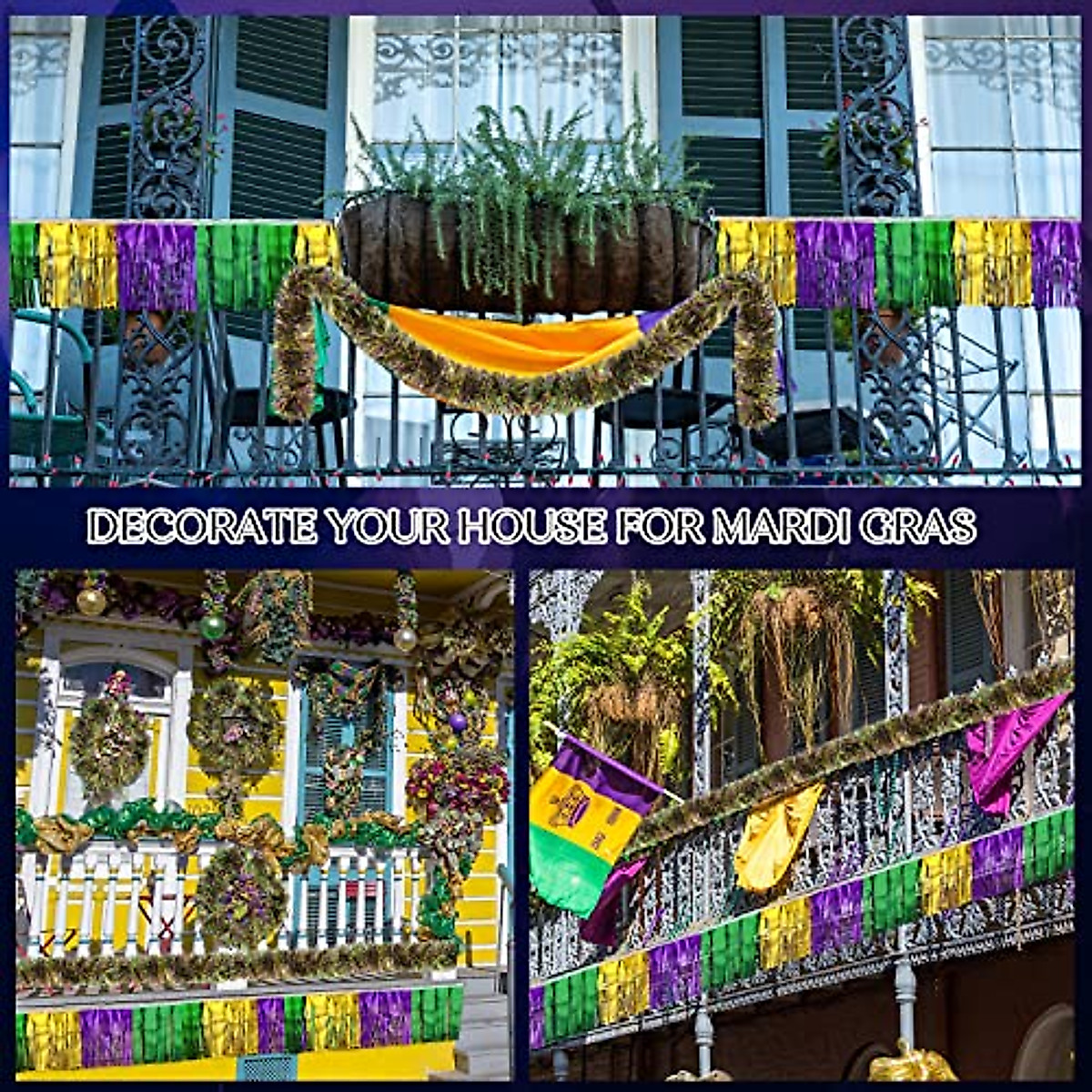 4 Pcs Mardi Gras Parade Car Decoration 6.56 ft Foil Fringe Garland 9.84 ft Gold Purple Green Metallic Tinsel Streamers Banner Wall Hanging Fringe Curtain Backdrop Banner for Mardi Gras Party Supplies