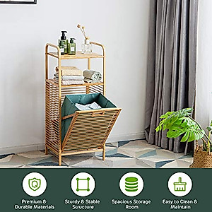 RELAX4LIFE Laundry Hamper Bamboo W/ Removable Liner, 2-Tier Shelves Tilt-out Design Space-Saving Laundry Hamper Basket for Bathroom, Living Room,Bedroom, Natural +Green
