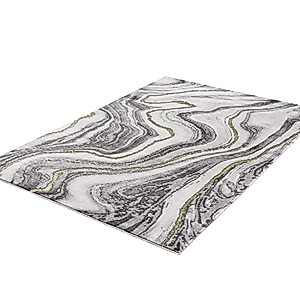 Abani Contemporary Grey & Metallic Gold Marble Area Rug, 5'3" x 7'6"(5'x8') Non-Shed Modern Rugs Marble Print Dining Room Rug