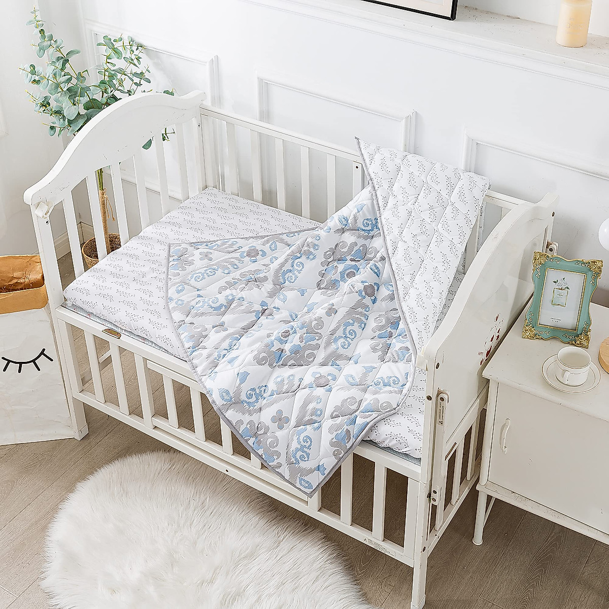 3-Piece Blue and Gray Crib Bedding Set for Girls and Boys. Standard Size Set Inlcudes Comforter, Neutral Crib Fitted Sheet, and Changing Pad Cover. Grey and Blue Damask Pattern