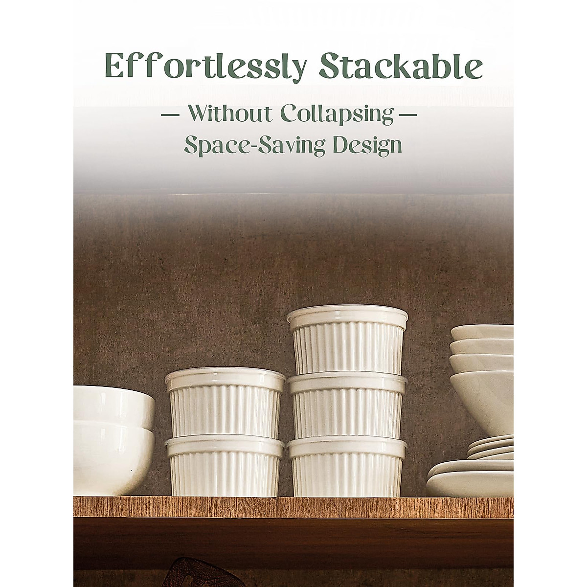 DOWAN Ramekins 8 oz Oven Safe with Lids, Creme brulee Ramekins Bowls with Covers, Porcelain White Ramekins Souffle Dishes for Baking, Stackable, Set of 6