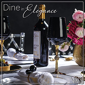 Vikko Décor Black and Gold Wine Glasses | 11 Ounce Cup – Striking Black and Gold Design with Diamante Accents – Dishwasher Safe – Set of Six Stunning Wine Glasses – 8.4” x 2.3”