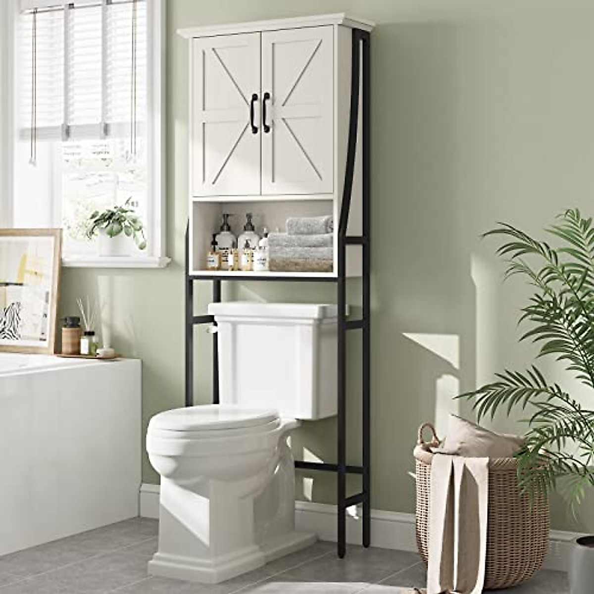 MXARLTR Over The Toilet Storage Cabinet, Over Toilet Bathroom Organizer, Above Toilet Storage Cabinet with Barn Doors Behind Toilet Bathroom Organizer Over-The-Toilet Cabinet (Cream White)