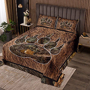 Erosebridal Bear Paw Print Queen Quilt Set for Boys,Camo Bear Skin Coverlet Set Camouflage Hunting Theme Bedspread Set for Men Woodland Animal Bed Set with 2 Pillow Cases Green Brown
