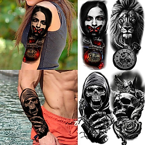 VANTATY 22 Sheets Sexy 3D Temporary Tattoos For Women Men Arm Forearm, Waterproof Fake Tattoo Stickers For Adults Realistic Tiger Lion, Halloween Skeleton Rose Flower Tatoos Warrior Anchor Compass