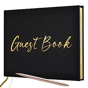 JUBTIC Black Guest Book for Funeral, Guest Sign in Book for Reception,Wedding,Baby Shower, Birthday, Bridal Shower, Graduation Party,100 Pages with Gilded Edges and Gold Foiled Cover - 7x10″