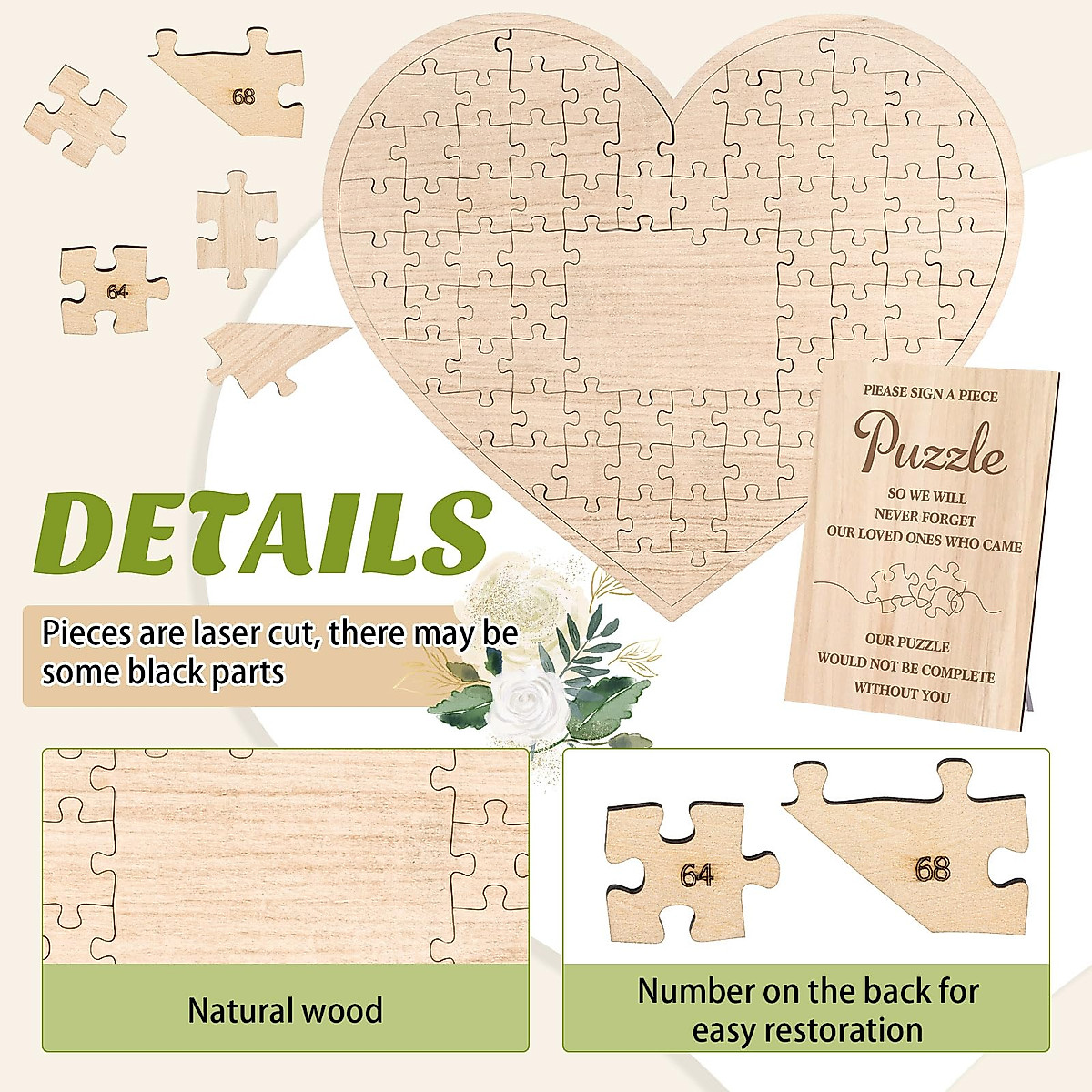 Wooden Jigsaw Puzzle Wedding Guest Book Alternative Guest Book with Sign and Pen Wooden Heart Shaped Wedding Guest Book Personalized Bridal Shower Guest Book for Engagement Anniversary Party,77 Pieces
