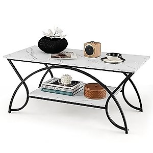 COSTWAY 2-Tier Coffee Table, Modern Faux Marble Accent Table with Storage and Gold Finished Metal Frame, Chic Rectangular End Table for Living Room Office Lounge (White+Black)