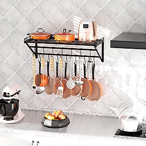 OROPY 31 Inch Wall Mounted Pot Rack Storage Shelf with 2 Tier Hanging Rails 14 S Hooks included, Ideal for Pans, Utensils, Cookware - Black