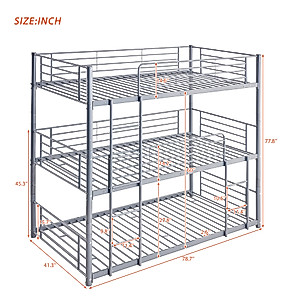 BIADNBZ Triple Bunk Bed with Built-in Ladder and Full-Length Guardrails, Twin Size Metal Bunkbeds w/Sturdy Frame for Kids, Boys, Girls, Teens, Divided into Three Separate Beds,Gray