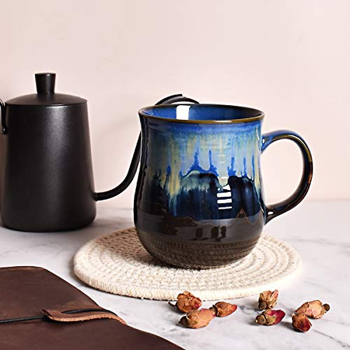 Bosmarlin Large Ceramic Coffee Mug, Blue Big Tea Cup for Office and Home, 21 Oz, Dishwasher and Microwave Safe, 1 PCS