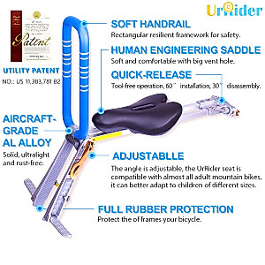 UrRider Child Bike Seat, Front Mount Kids Bike Seat, Fits Mountain Bikes, Hybrid Bikes, Portable, Tool-Free, Quick-Release, ultra-light, Toddler Bike Seat for Children 2-6 Years(up to 60lbs)