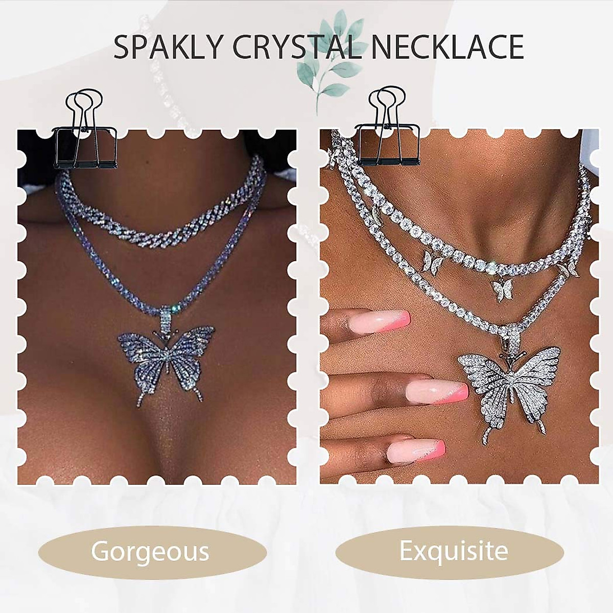 Zoestar Butterfly Choker Necklace Gorgeous 2 Layered Crystal Pendant Necklaces Sparkly Butterfly Chain Jewelry for Women