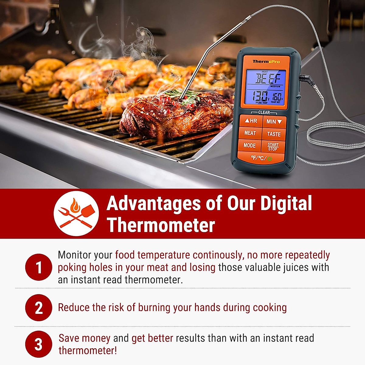 ThermoPro TP01A Digital Meat Thermometer for Cooking + ThermoPro TP06B Digital Grill Meat Thermometer with Probe