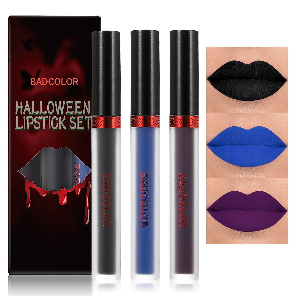 BADCOLOR 3 Colors Matte Liquid Lipstick Set, 24-Hour Smudge Proof Permanent Dark Lipstick Waterproof Velvet Nonstick Cup Stain Lip Gloss Set, Halloween Makeup Lip Gloss Gift - Purple, Black, Blue