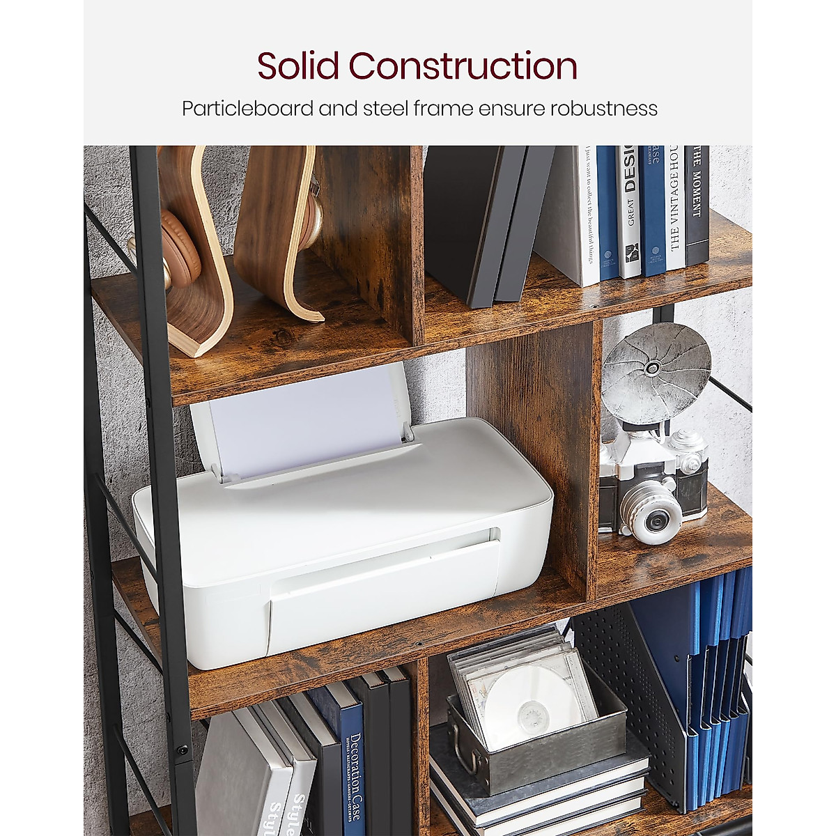 VASAGLE Bookshelf, 5-Tier Bookcase, Storage Shelving Unit, Display Shelf with Open Compartments for Living Room, Home Office, Bedroom, Industrial, Rustic Brown and Black ULBC121B01