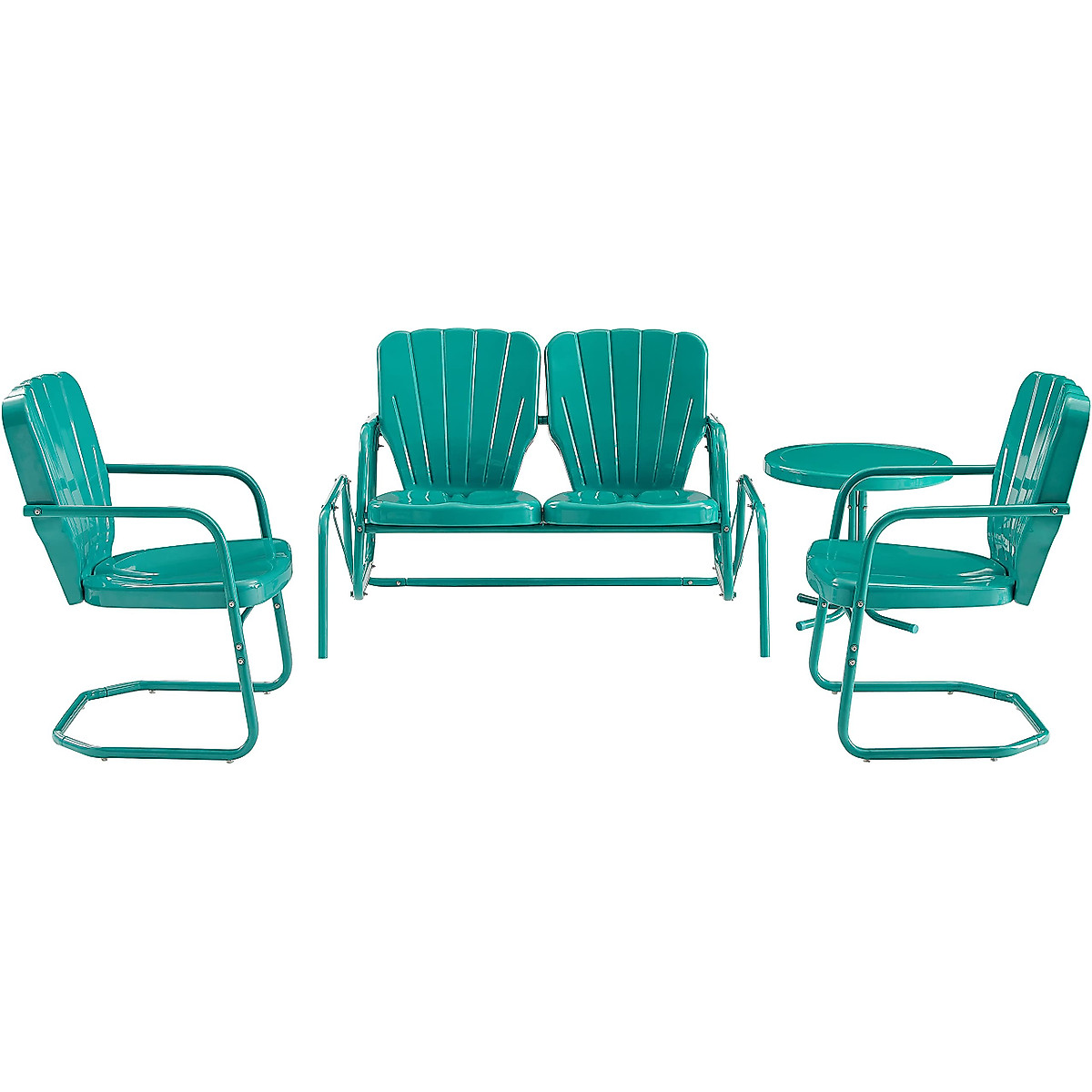 Crosley Furniture Ridgeland 4-Piece Retro Metal Outdoor Loveseat Glider Patio Furniture Set for Porch, Deck, Turquoise Gloss