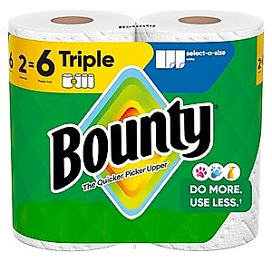 Bounty Select-A-Size Paper Towels, White, 2 Triple Rolls = 6 Regular Rolls