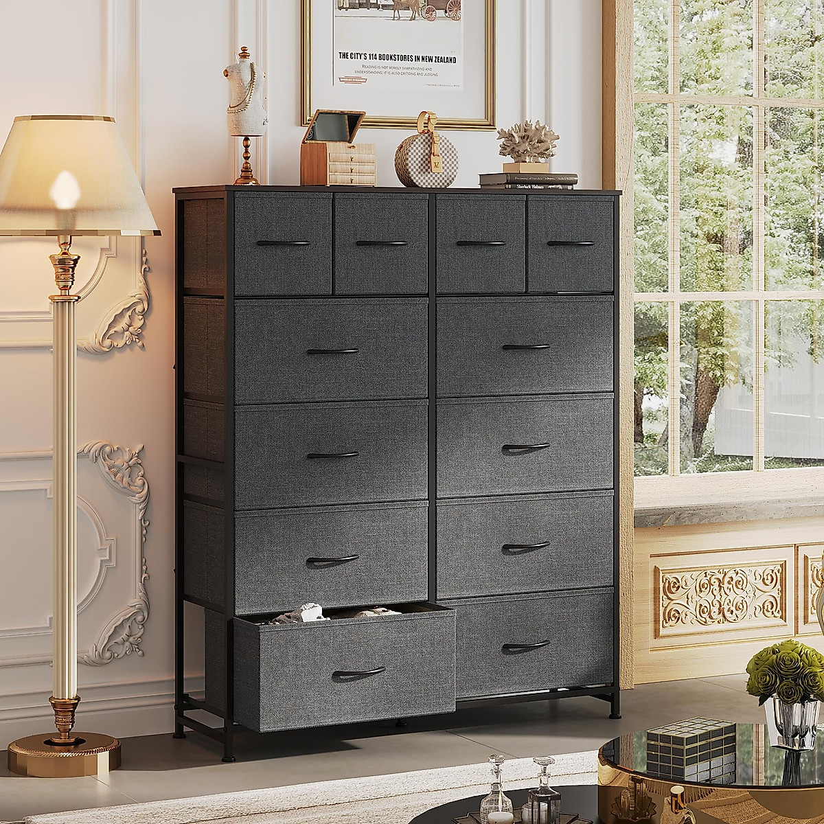 WLIVE Tall Dresser for Bedroom with 12 Drawers, Dressers & Chests of Drawers, Fabric Dresser for Bedroom, Closet, Fabric Storage Dresser with Storage Drawers, Steel Frame, Wood Top, Dark Grey
