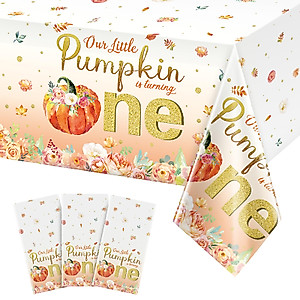 3Pcs Fall Floral Little Pumpkin Baby Shower Tablecloths,Plastic Our Little Pumpkin is Turning One Table Cover for Autumn Thanksgiving Glitter Flower Baby Shower Decoration and Supplies,54X148 inches