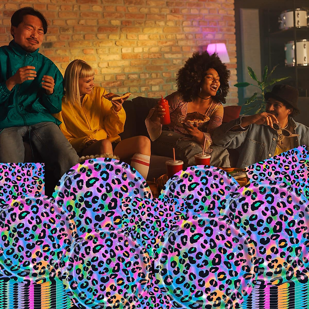 96 Pcs Neon Rainbow Leopard Birthday Tableware Set Girl's Sparkly Paint Splatter Cheetah Party Supplies for 24 Guests Rainbow Leopard Print Pattern Birthday Dinnerware