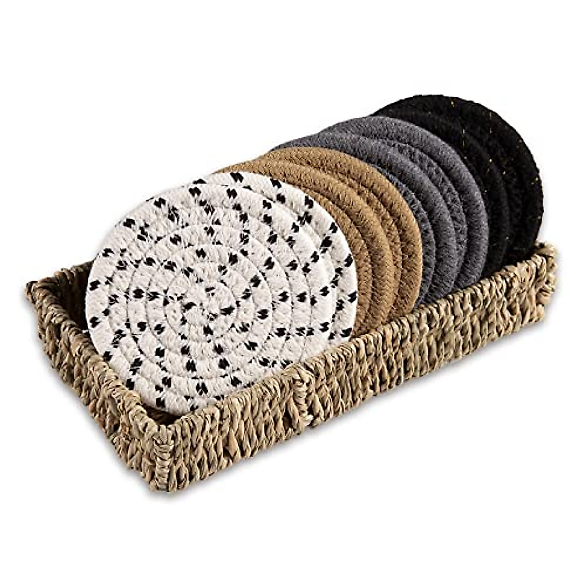 Coasters for Drink Absorbent, Handmade Woven Coasters Set of 8 with Seagrass Basket Holder, Heat-Resistant Coaster for Table Protection, Boho Fabric Coasters Suitable for Kinds of Cups