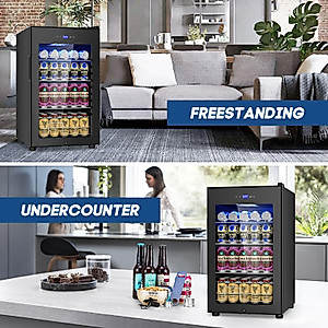 Beverage Refrigerator and Cooler Freestanding, 96 Cans Mini Fridge with glass door and Lock, Small Drink Fridge for Soda, Beer, Wine, For Home Bar Office with LED Light, with Adjustable Thermostat