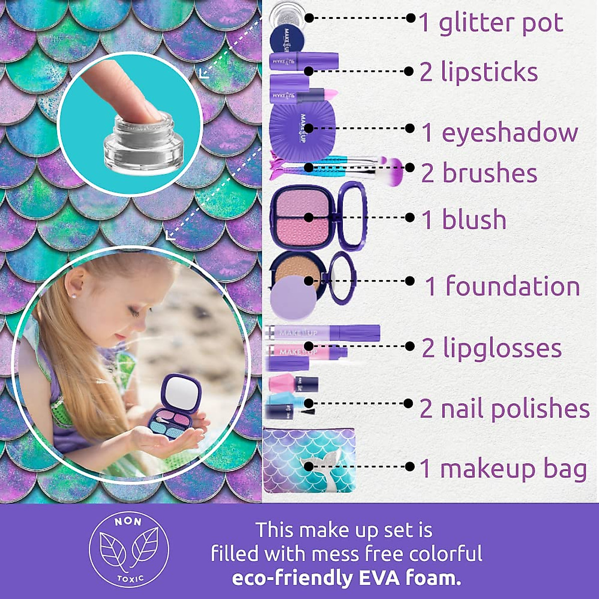 Mermaid Pretend Play Kids Makeup Kit I Toddler Girl Toys Make Up Set with Cosmetic Bag I Toddler Makeup Kit for Toddler Vanity I Pretend Makeup Kit for Girls Gifts Play Makeup Kit for 2 Year Old & Up